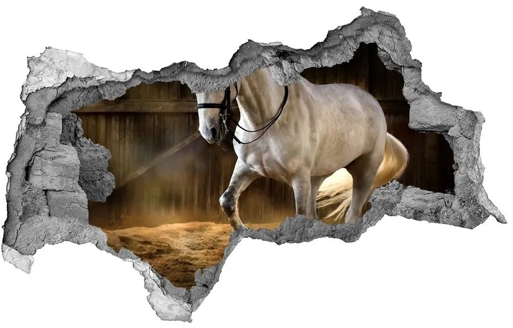 Wallmuralia Díra 3D fototapeta na stěnu Bílý kůň ve stáji 95x73 cm