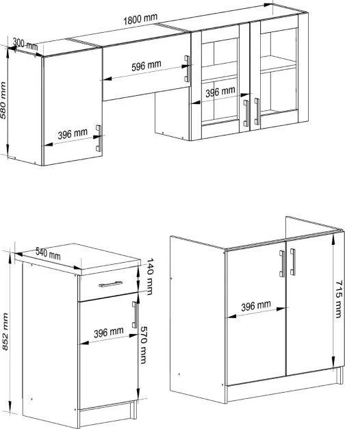 Kuchyňská linka LIMA s vitrínou 1.8 m bílá / dub sonoma