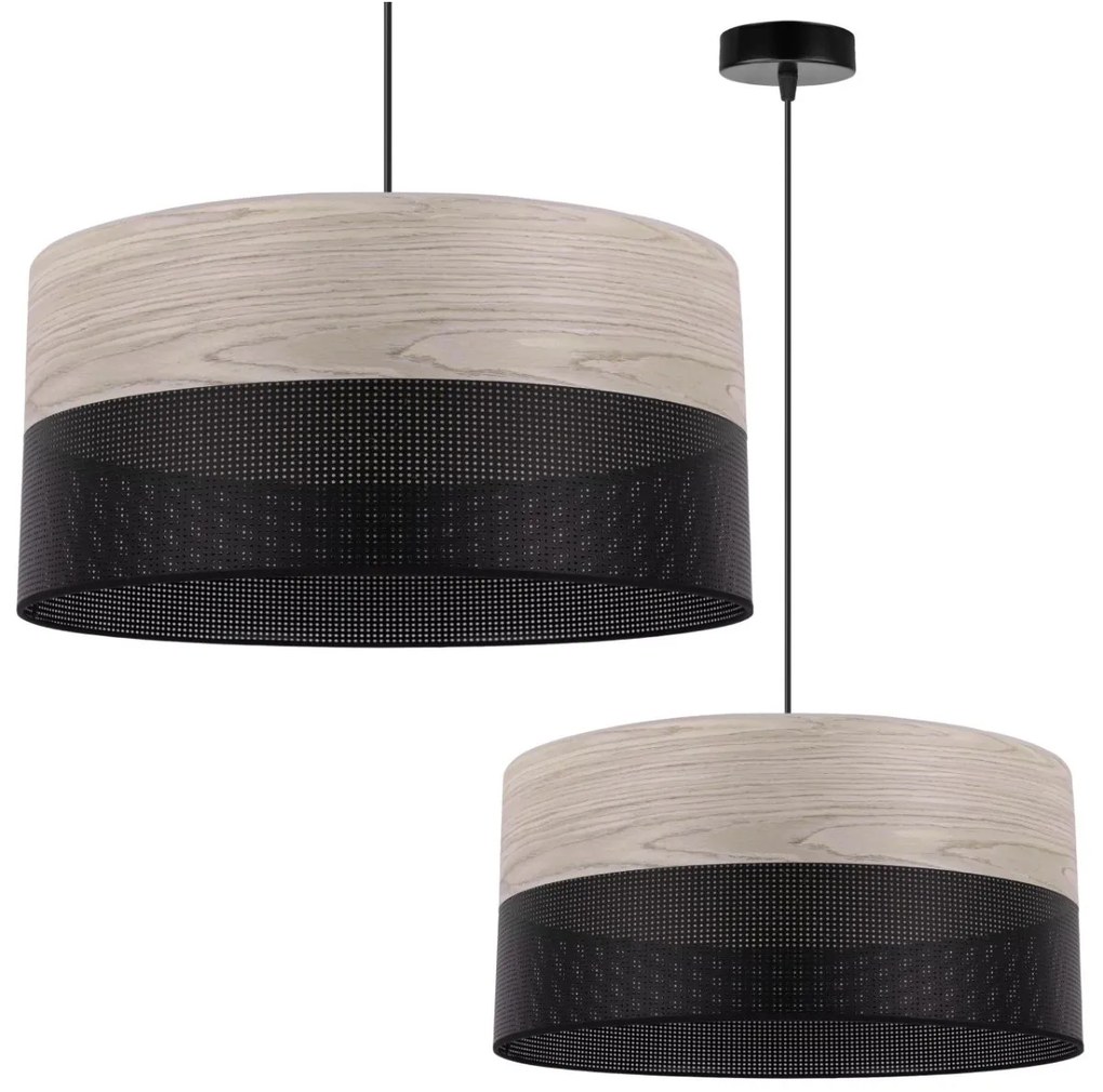 Závěsné svítidlo Wood, 1x světle béžová dubová dýha/černé plastové stínítko, (fi 44cm)