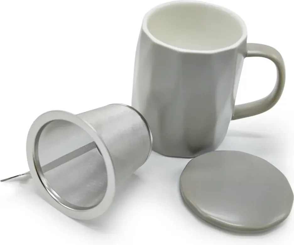 Šedý porcelánový hrnek Lilie, 350 ml – se sítkem, víčkem a kolibříkem