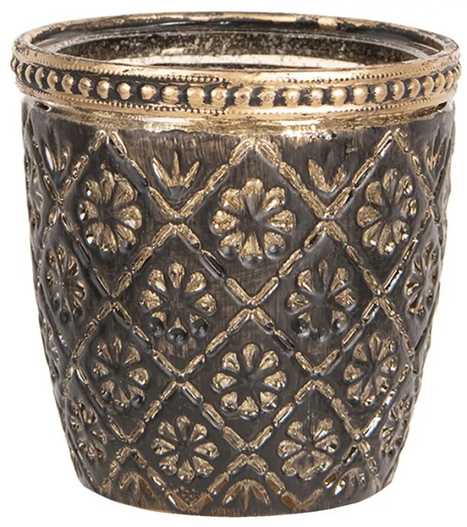 Hnědo černo zlatý skleněný svícen Tealight – 8x8 cm