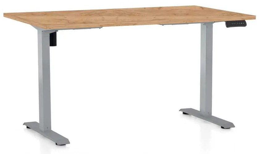 Výškově nastavitelný stůl OfficeTech B, 140 x 80 cm, šedá podnož, dub kraft
