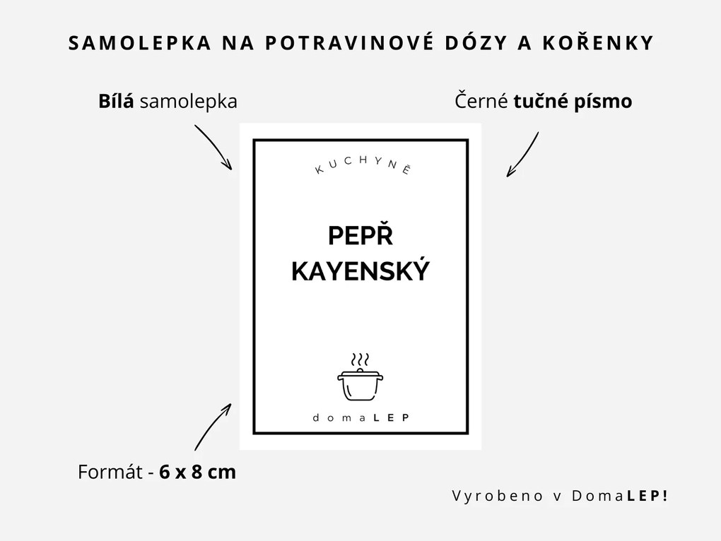 PEPŘ KAYENSKÝ - omyvatelná samolepka na kořenky, výběr rozměrů Ø 5 cm / 5 x 5 cm / 6 x 8 cm | DomaLEP tvar: ČTVEREC, barva: BÍLÁ - ČERNÉ písmo, velikost: š. 5 cm x v. 5 cm - tučné písmo