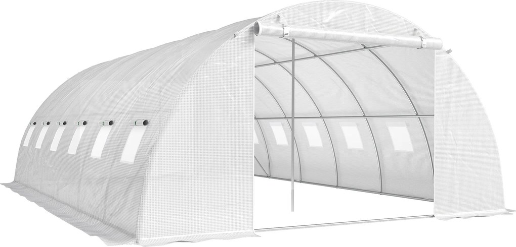 Outsunny venkovní tunelový skleník 6 × 4 × 2 m – pozinkovaný rám, voděodolný a UV-odolný PE potah, rolovací dveře a síťovaná okna, bílý