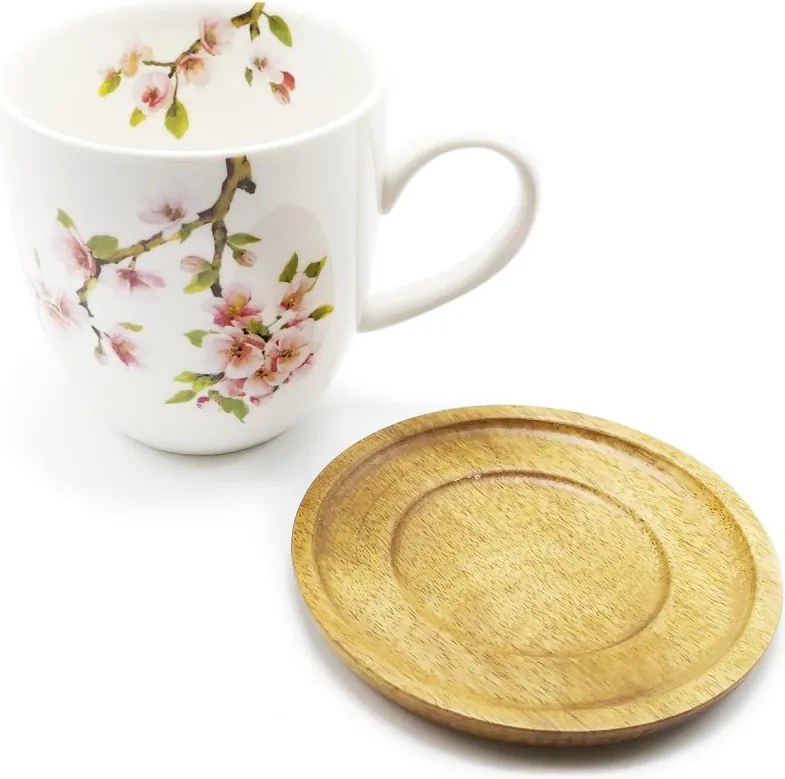 Porcelánový hrnek Sakura s akáciovým podšálkem, 350 ml – s motivem růžových květů a japonskou elegancí