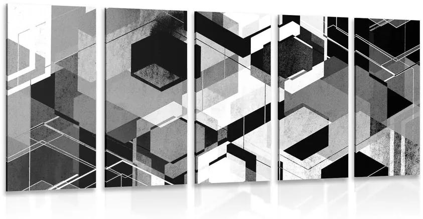 5-dílný obraz abstraktní geometrie v černobílém provedení