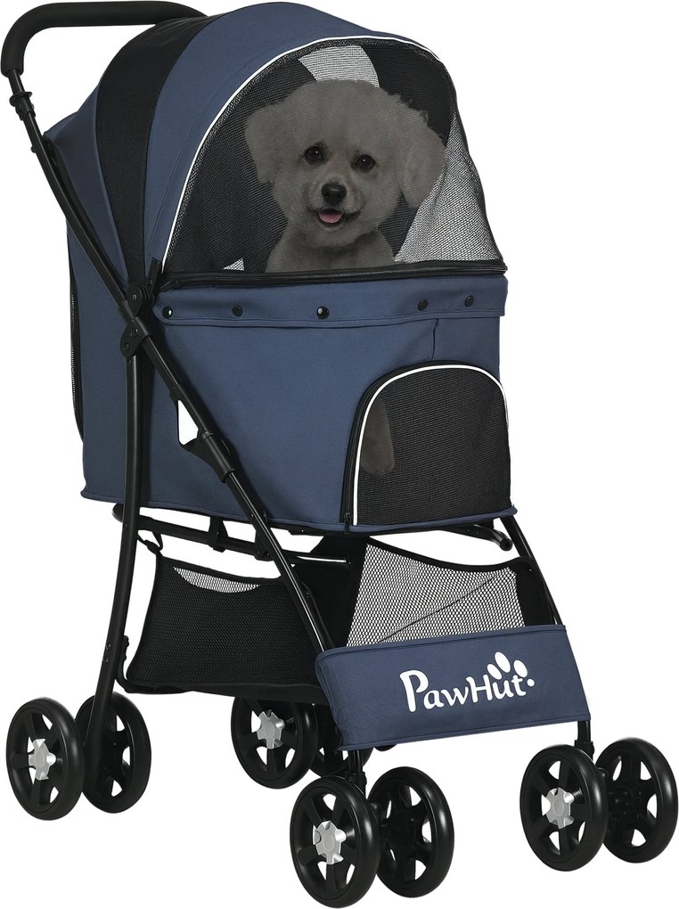 PawHut Kočárek pro psy, Skládací Buggy pro psy, Trolej na psy s poduškou, Buggy pro kočky, Vůz pro kočky se 4 koly, Sítková okna, Úložný prostor pro m