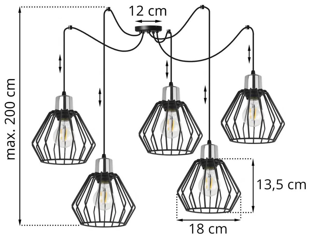 Závěsné svítidlo NUVOLA SPIDER 4, 5x černé drátěné stínítko, CH