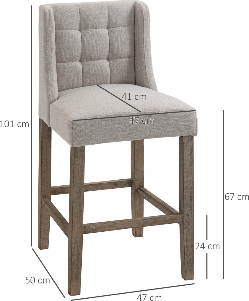 HOMCOM Barová židle sada 2 moderních kuchyňských židlí s nízkým opěradlem, lněný dotek, kaučukové dřevo, béžová barva, 47x50x101cm pro jídelní kout |…