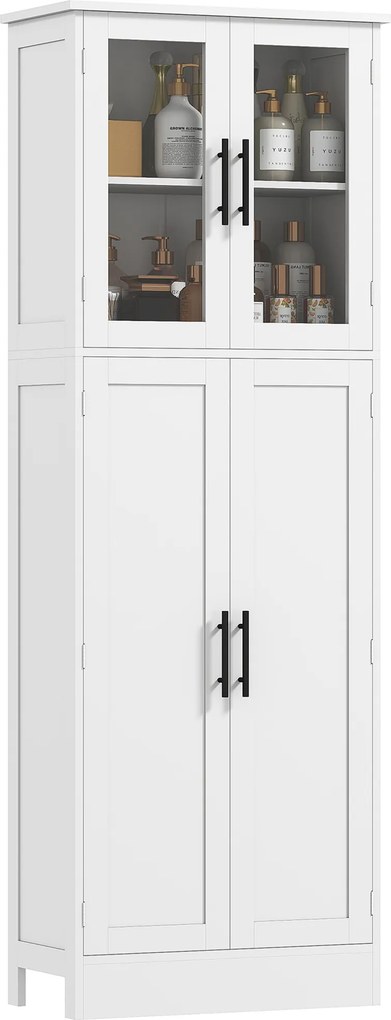 HOMCOM vysoká koupelnová skříňka s nastavitelnými policemi, skleněnými dveřmi a dřevem, 60x30x170 cm, bílá