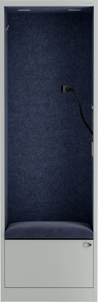 Kancelářská akustická kabina se sedátkem a USB-C portem, korpus šedý / sedák námořnická modrá, 600 mm: SALLY MentalBox