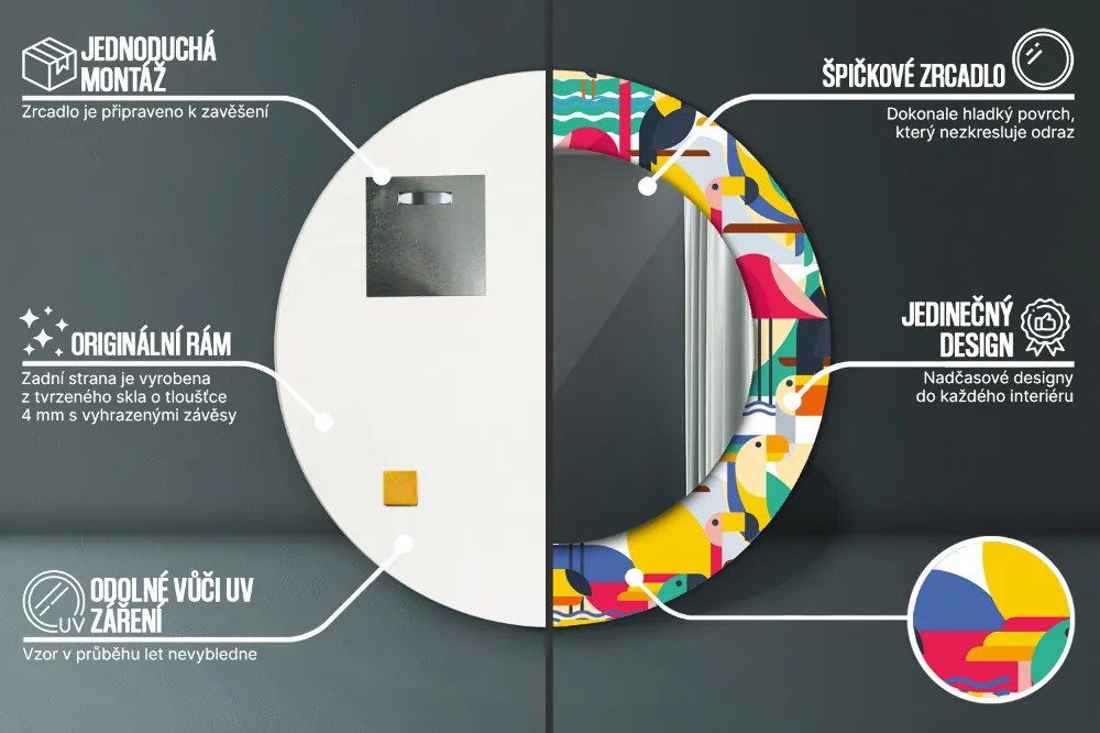 Kulaté zrcadlo s potiskem Geometrické tropické ptáky