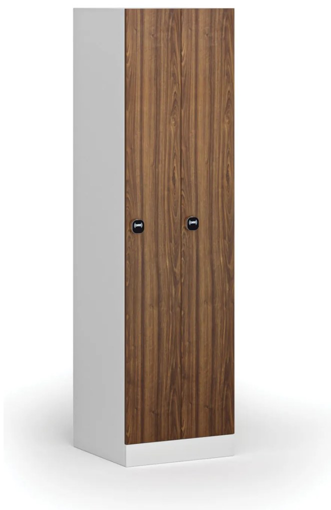 Zúžená kovová šatní skříňka S1, 2 oddíly, 1850 x 500 x 500 mm, demont, RFID zámek, laminované dveře, ořech