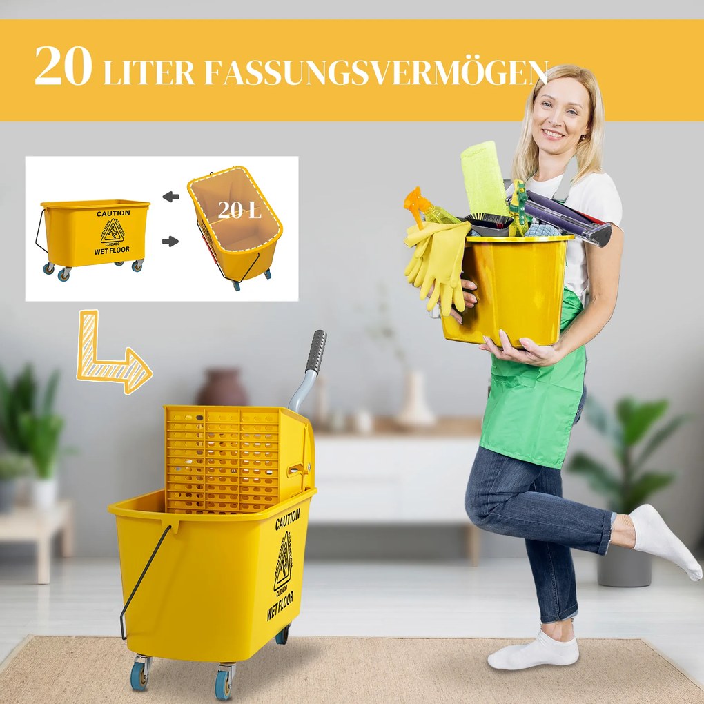 HOMCOM Úklidový vozík 20L Úklidový vozík s lisovací a zametací soupravou, kbelíkem včetně mopu, válečkem