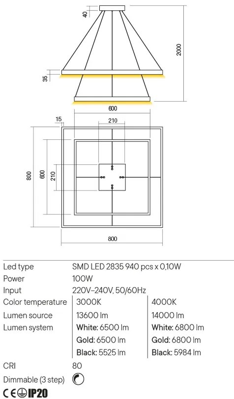 Redo Závěsné LED svítidlo Febe - 2 čtverce, ø80cm/ø60cm Barva: Zlatá, Chromatičnost: 3000K