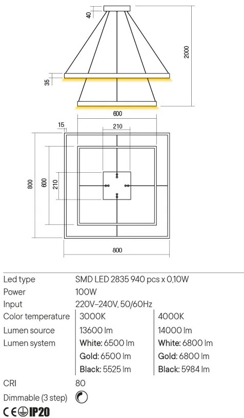 Redo Závěsné LED svítidlo Febe - 2 čtverce, ø80cm/ø60cm Barva: Zlatá, Chromatičnost: 4000K