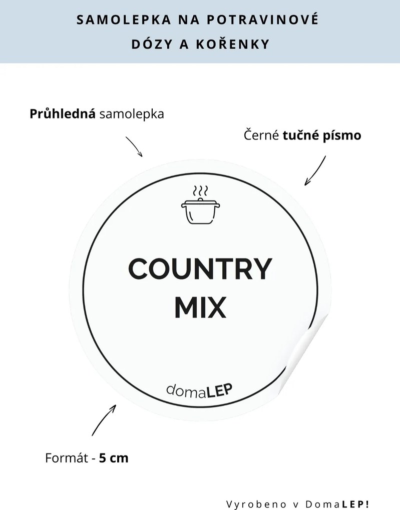 Samolepka na kořenky COUNTRY MIX průhledná 5 cm tučné písmo