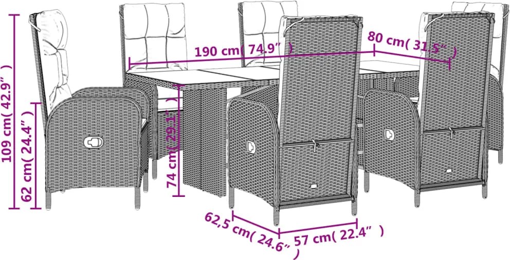 7dílný zahradní jídelní set s poduškami černý polyratan 3213514