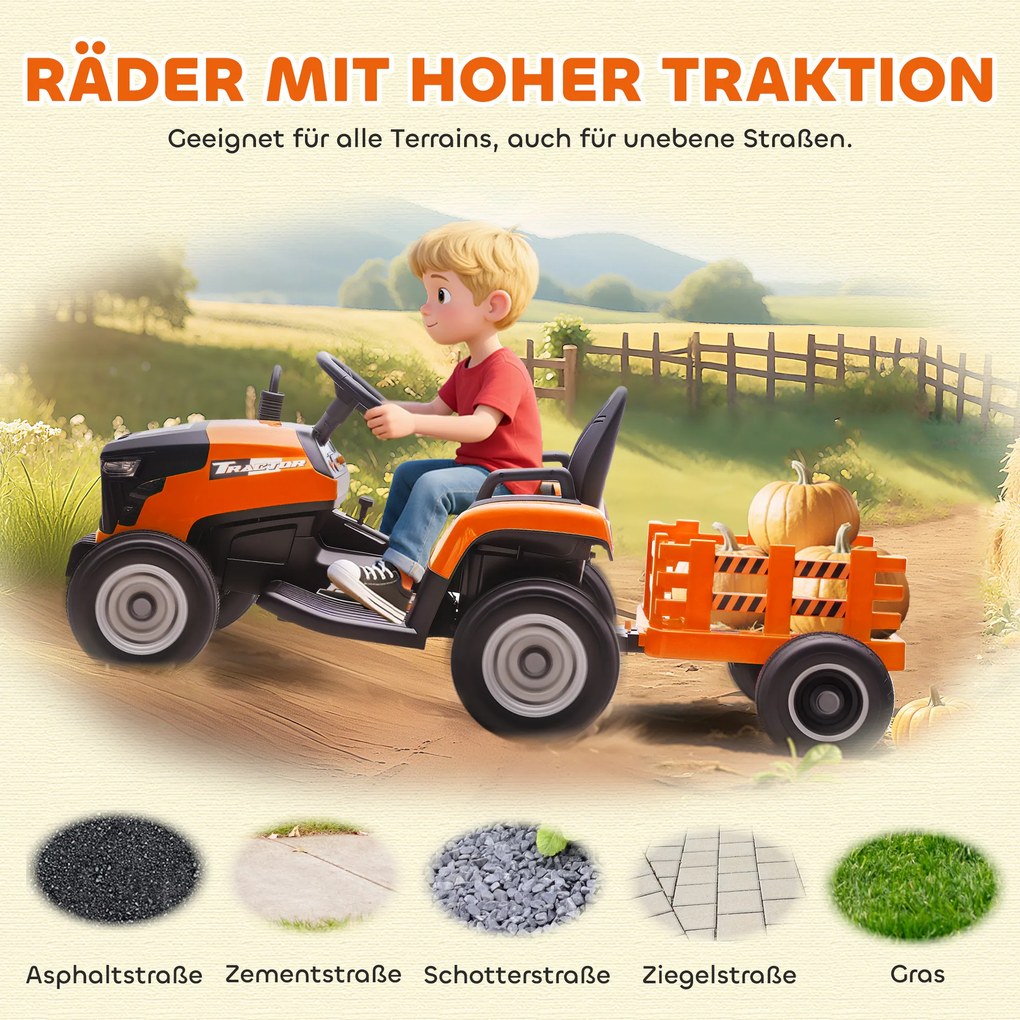 AIYAPLAY Elektrický dětský traktor, sedací traktor s dálkovým ovládáním, měkký start, pro děti ve věku 3-8 let, oranžový