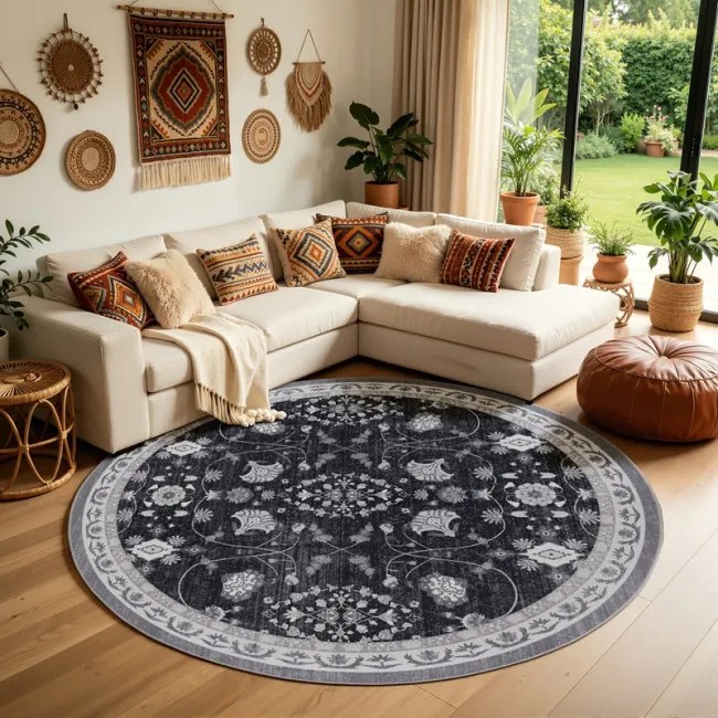 Koberec INKA Floral černý / šedý kruh