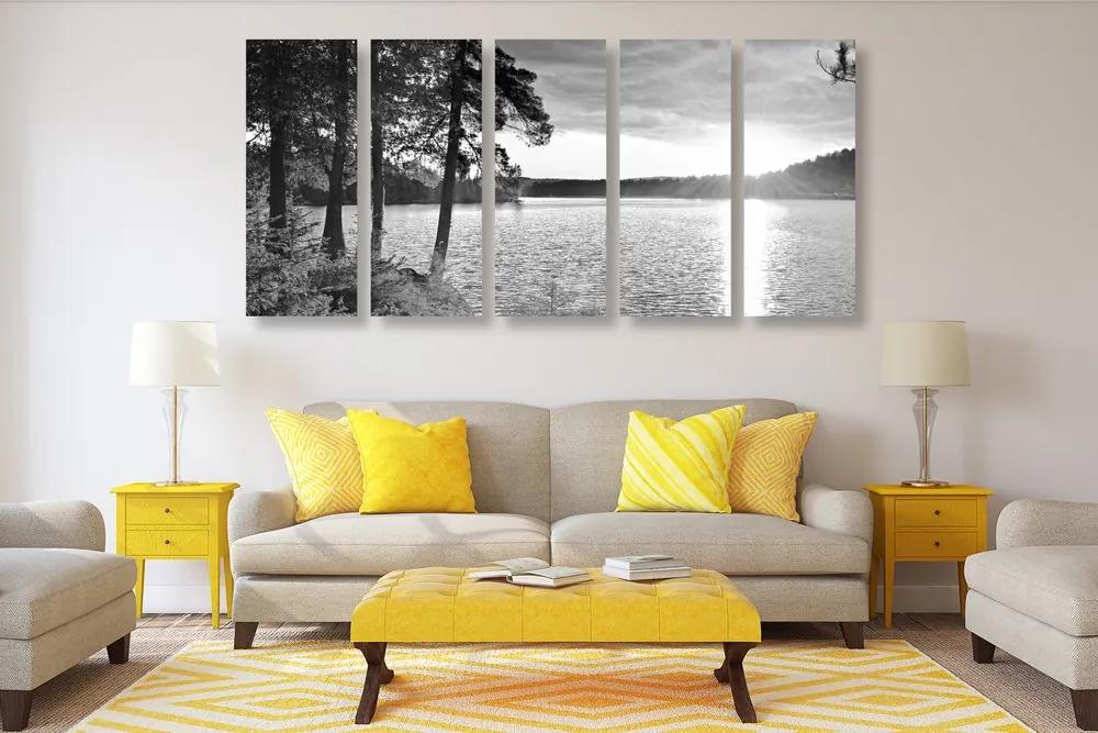 5-dílný obraz západ slunce nad jezerem v černobílém provedení Varianta: 200x100