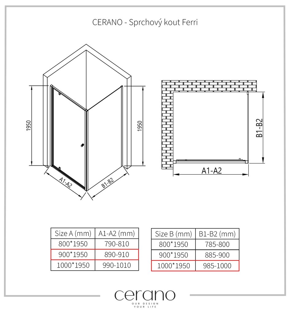 CERANO - Sprchový kout Ferri L/P - černá matná, transparentní sklo - 90x100 cm - křídlový