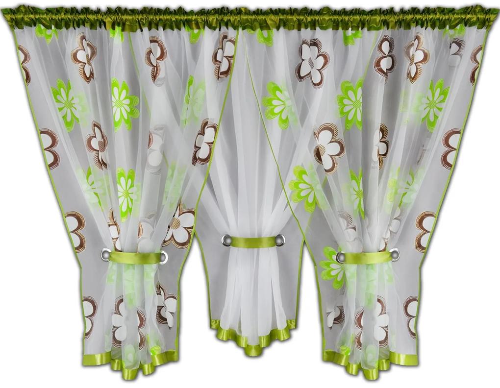 Fliying Hotová záclona trojdílná Kokosové květiny zelené a hnědé 400x150 cm  | Biano