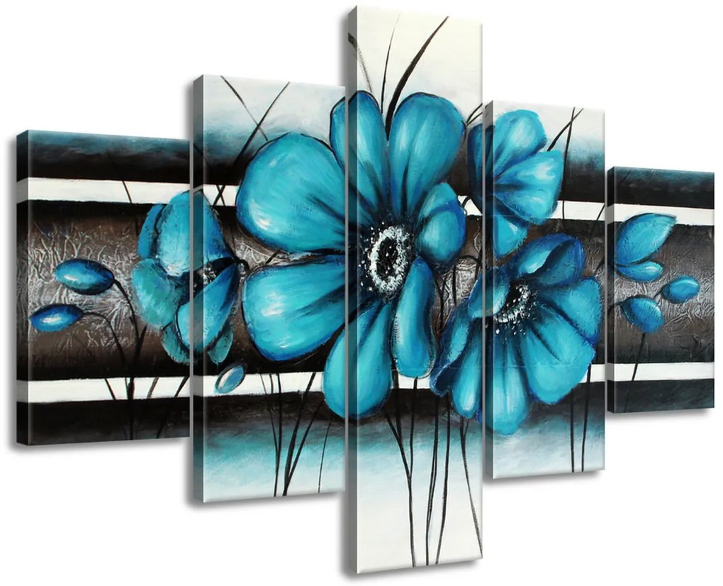 Gario Ručně malovaný obraz Malované tyrkysové květiny - 5 dílný Rozměry: 100 x 70 cm