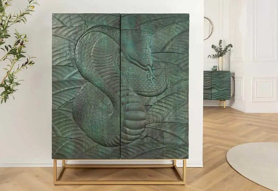 Luxusní skříňka s hadím vzorem z mangového masivu Snake tyrkysová 100cm