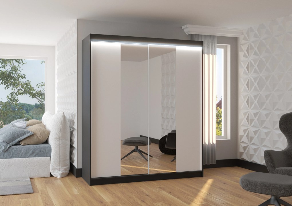 ADRK Furniture Posuvná skříň se zrcadlem a LED osvětlením BALANCE 180 SW-BAL-B+W-180+L-V310