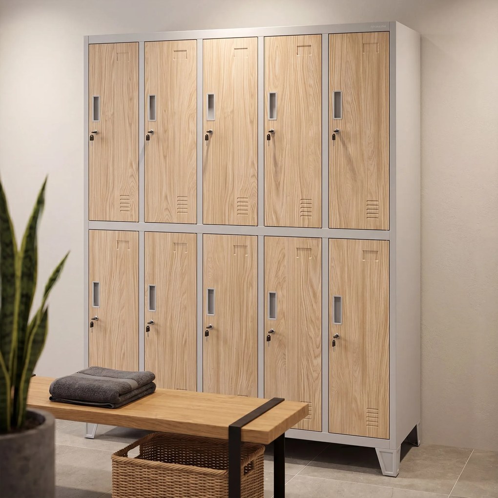 Šatní skříň BOZP 10-dveřová šedá / dub sonoma: Eco Design BARTEK 1360 x 1720 x 450 mm
