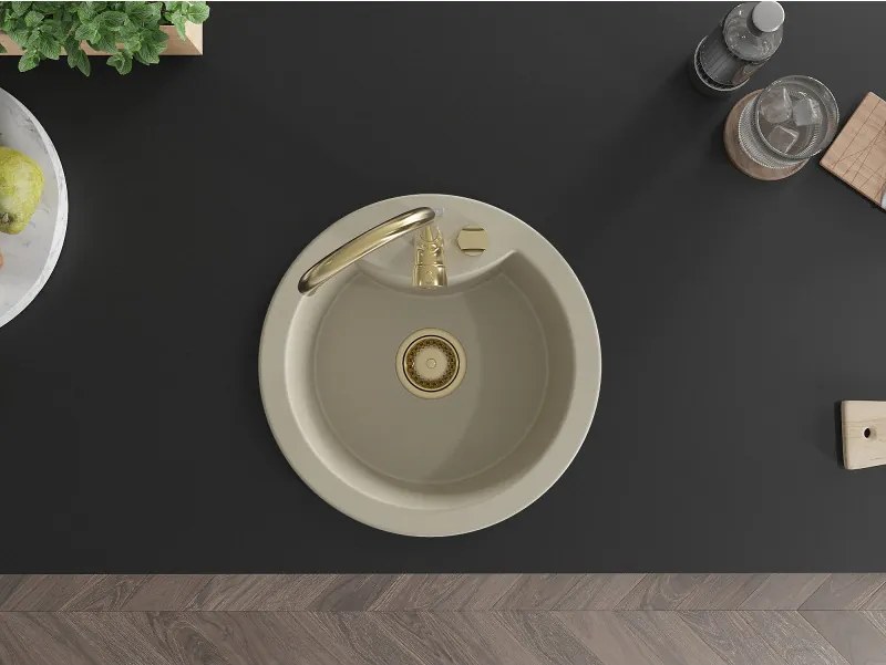 Mexen Diego, granitový dřez 488x488x167 mm, 1-komorový, béžová se zlatým sifonem, 6512481000-69-G