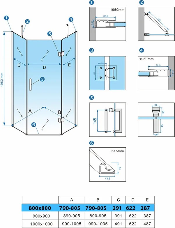 BPS-koupelny Pětiúhelníkový sprchový kout KZ10A 80x80 BL černá/transparent - bez vaničky