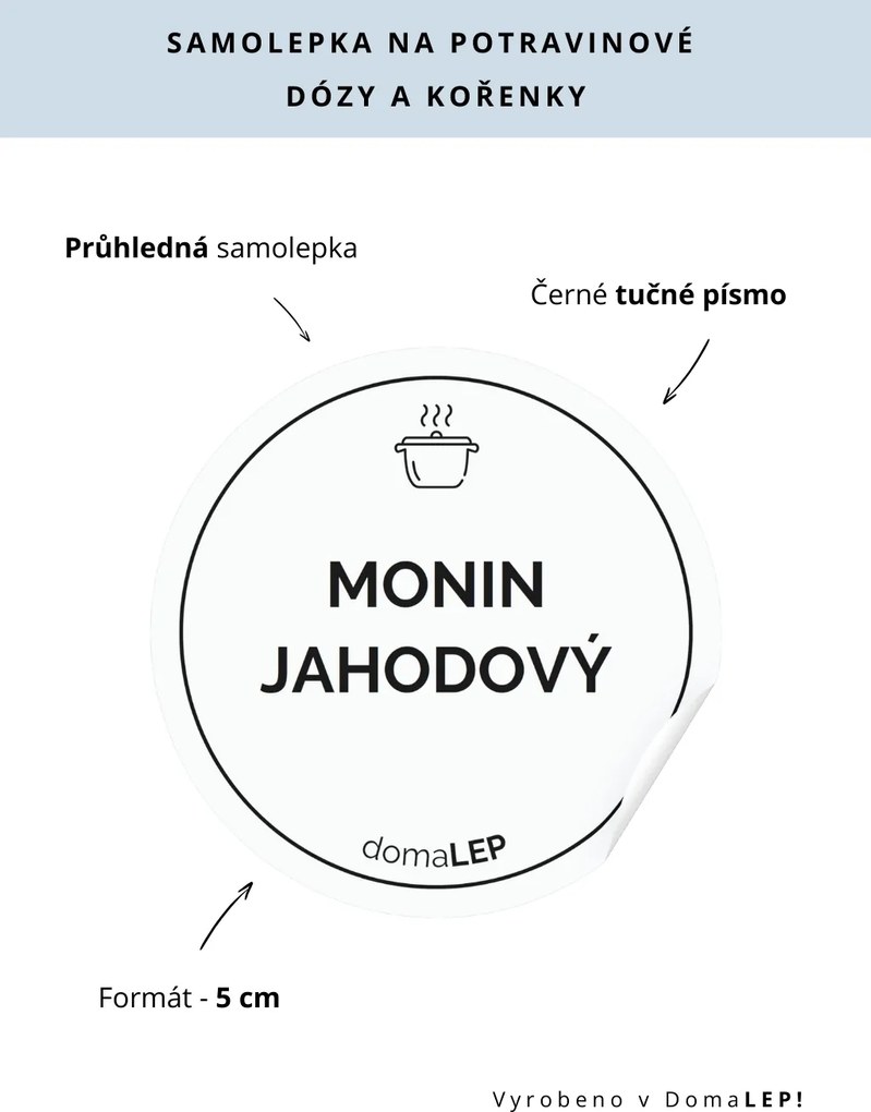 Samolepka na láhev MONIN JAHODOVÝ průměr 5 cm – průhledná vinylová, voděodolná, omyvatelná samolepka na dózy, tučné písmo