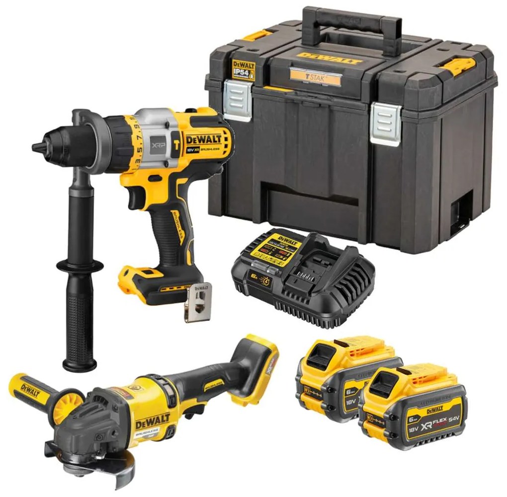 DeWALT Nářadí - 18V AKU sada příklepové vrtačky a úhlové brusky 125 mm, 2x aku 6,0/2,0 Ah FLEXVOLT, nabíječka DCK2016T2T