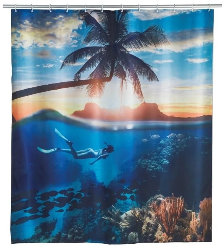 Modrý sprchový závěs Wenko Paradise, 180 x 200 cm