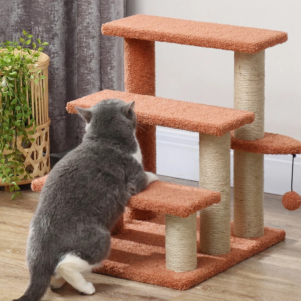 PawHut kočičí schody pro psy a kočky 3 stupně se škrabadly hrací míč plyšový hnědý 45x40x48cm pro větší pohodlí