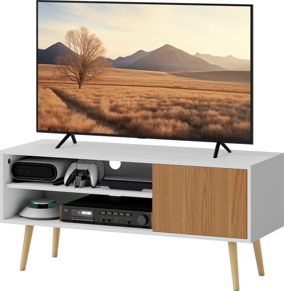 HOMCOM Moderní TV stolek pro obývací pokoj s 2 otevřenými policemi, 1 dvířky a otvorem na kabely pro TV do 55 palců 110x40x50cm Bílá a přírodní | Aoso