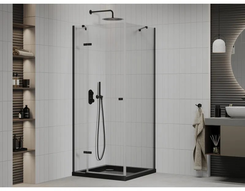Mexen Roma, sprchový kout s 1-křídlými dveřmi 80 (dveře) x 80 (stěna) cm, 6mm čiré sklo, černý profil, slim sprchová vanička 5cm černá s černým sifonem, 854-080-080-70-00-4070B