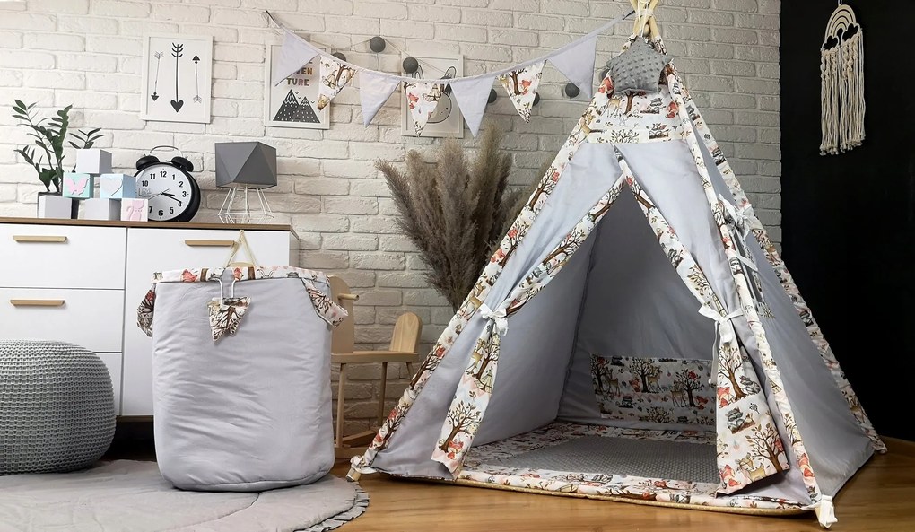 Dětský stan TEEPEE (TÝPÍ) LUXURY s doplňky - LES - šedý