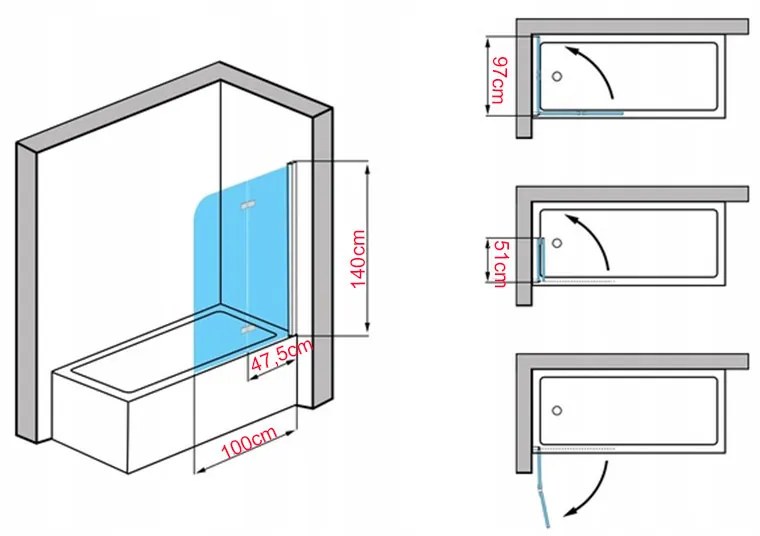 BPS-koupelny Dvoudílná vanová zástěna HYD-PR04 100x140 chrom/transparent