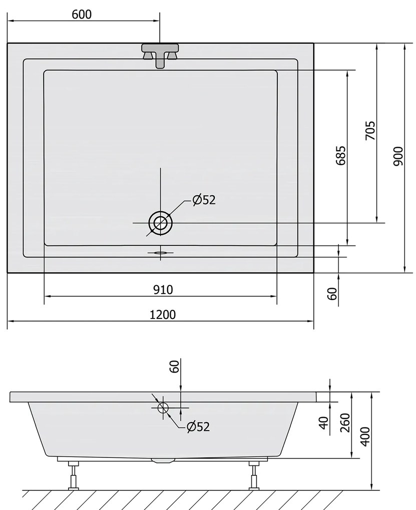 Polysan DEEP hluboká sprchová vanička s konstrukcí, obdélník 120x90x26cm, bílá, 72392