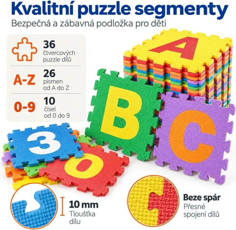 Pěnové puzzle na zem 3,6 m², 36 dílů, písmena a čísla