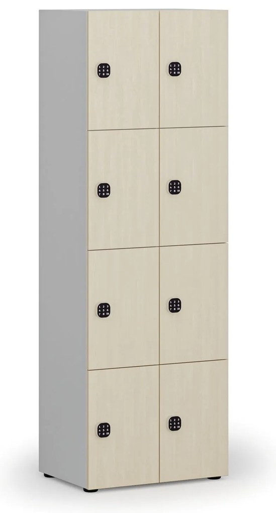 Dřevěná šatní skříňka S4 s úložnými boxy, 8 boxů, demont, kódový zámek, šedá/bříza