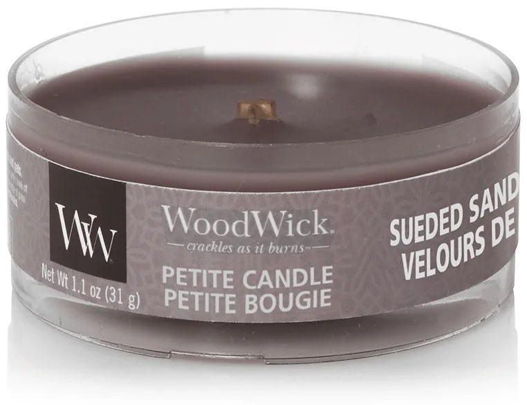 WoodWick – Petite Candle vonná svíčka Sueded Sandalwood (Semišové santalové dřevo), 31 g