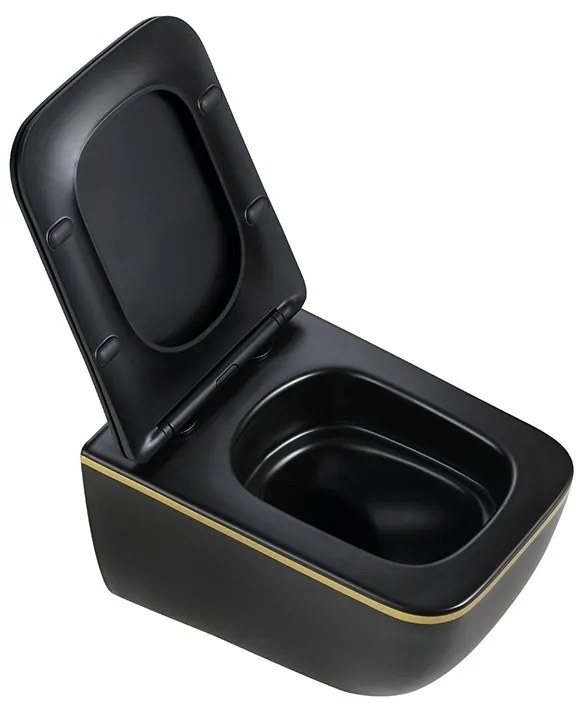 BPS-koupelny Závěsná WC mísa se SoftClose sedátkem HYD-6780, černá mat/zlatý lem