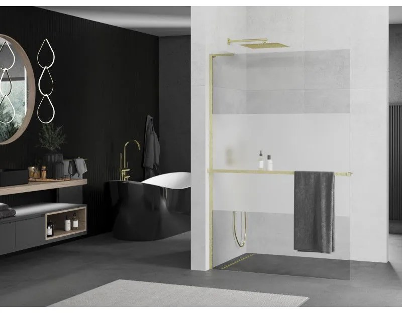 Mexen Kioto+ L, sprchová zástěna Walk-In s poličkou a věšákem 110 x 200 cm, 8mm čiré sklo-námraza, zlatý matný profil, 800-110-123-55-35