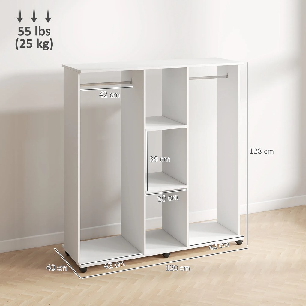 HOMCOM Dvojitá skříň-šatník mobilní úložná skříň 6 koleček 120 x 40 x 128 cm, bílá dřevěná