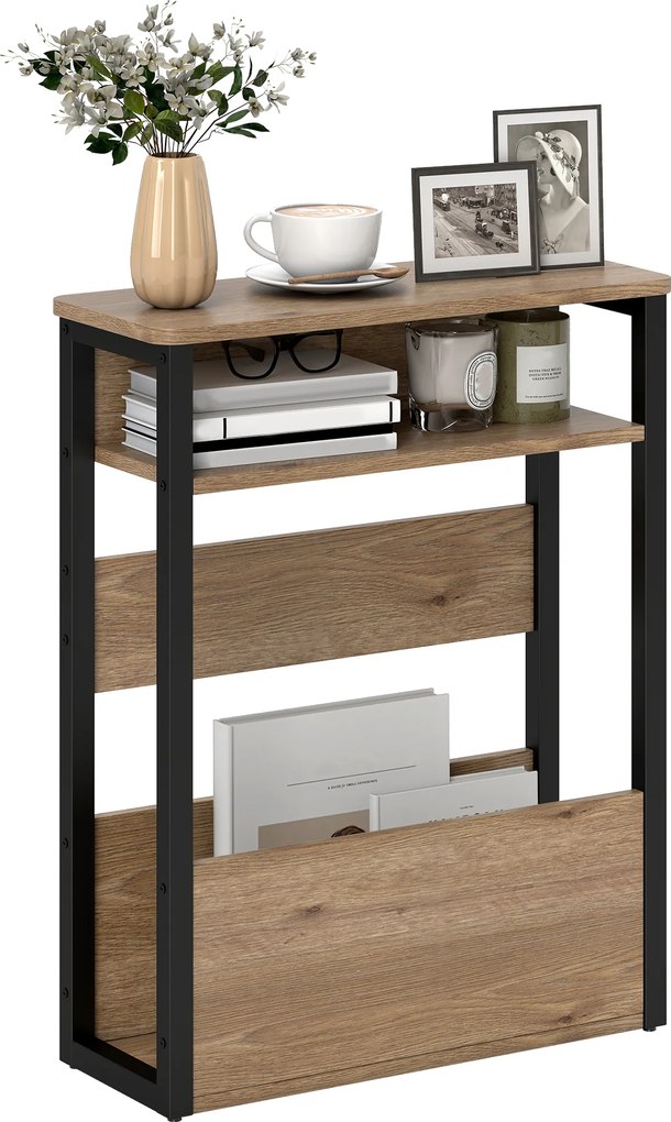 HOMCOM příruční stolek, noční stolek se dvoustupňovou odkládací plochou, zaoblené rohy, 46 d x 18 š x 58,5 v cm, ořech