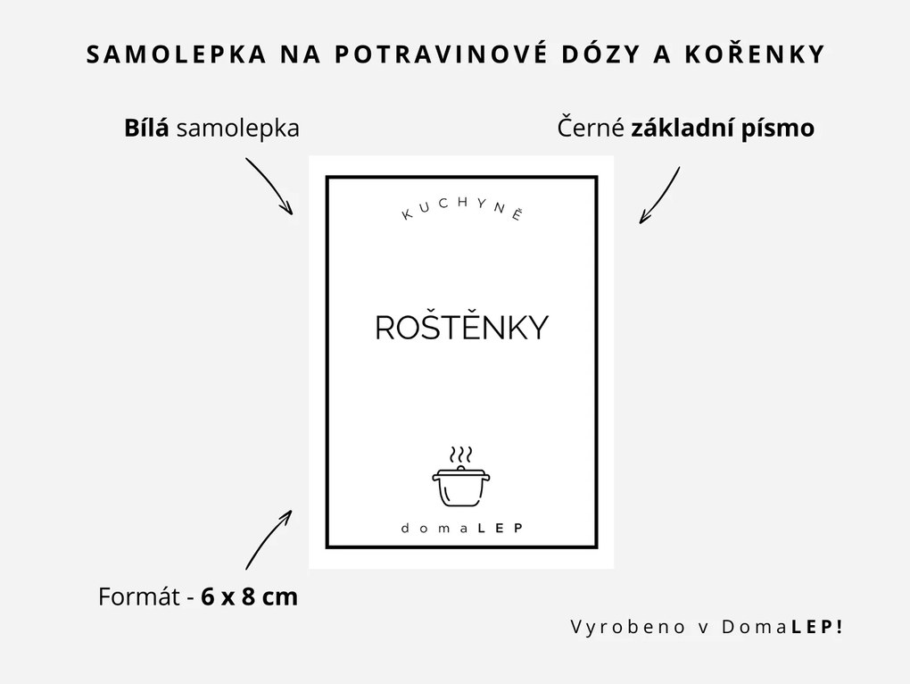 ROŠTĚNKY - omyvatelná samolepka na kořenky, výběr rozměrů Ø 5 cm / 5 x 5 cm / 6 x 8 cm | DomaLEP tvar: KOLEČKO, barva: BÍLÁ - ČERNÉ písmo, velikost: Ø 5 cm - základní písmo